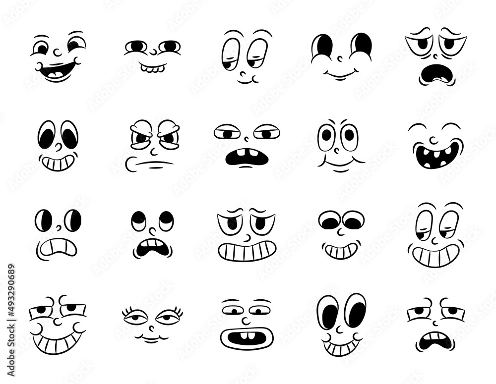 Collection of old retro traditional cartoon animation. Vintage faces of ...