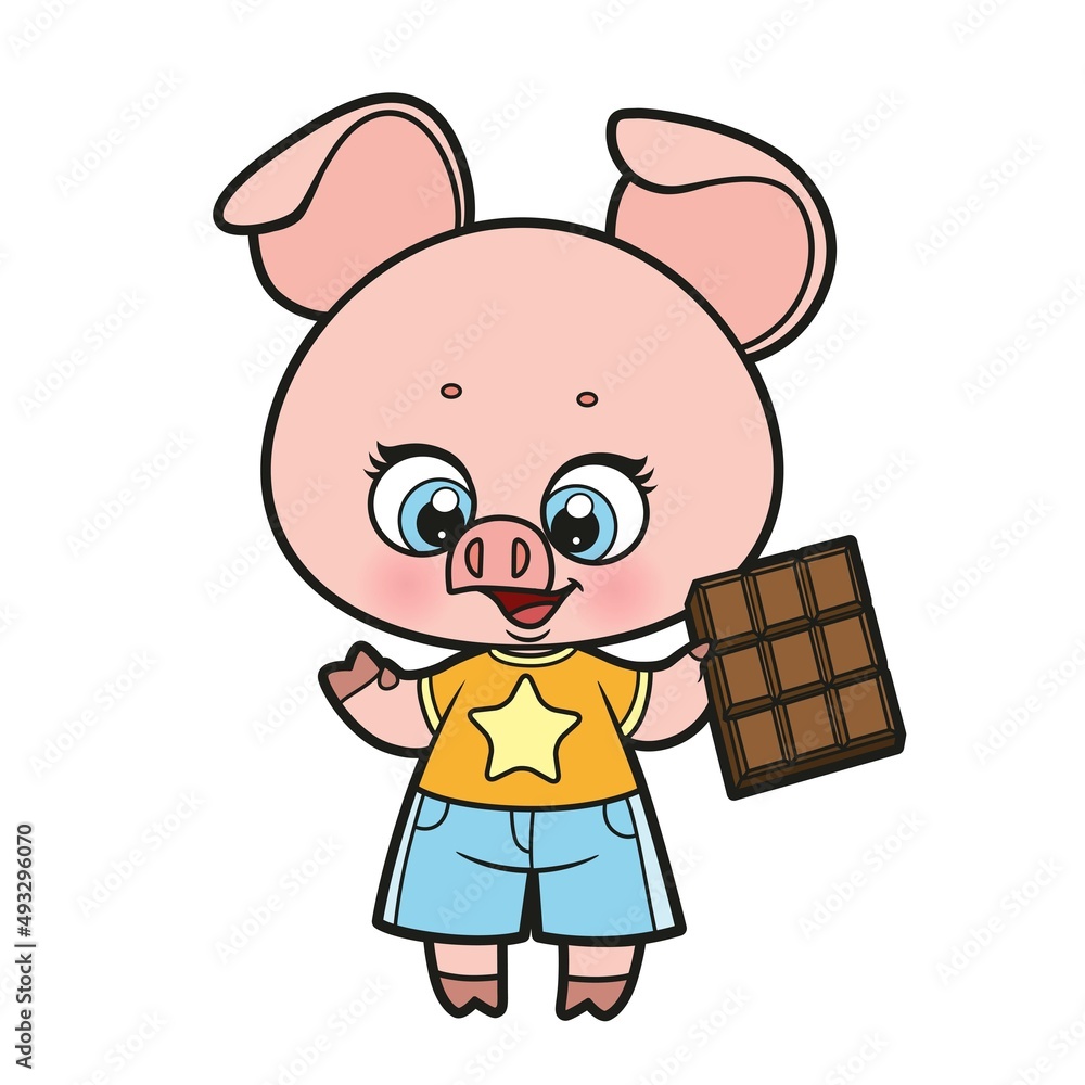 Cute cartoon piglet holding a bar of chocolate color variation for ...