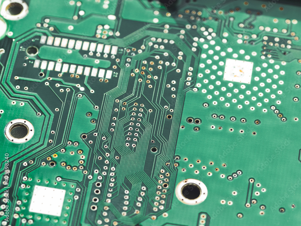 Macro photo of hard disk controller board. IT detail in computer. Technical background. Stock ...