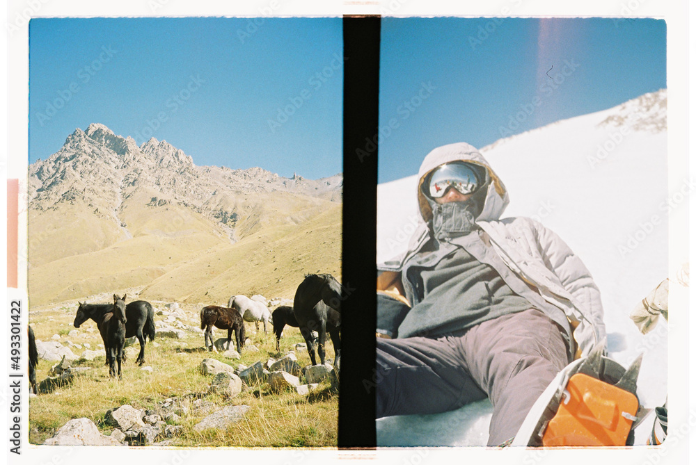 Collage of photos with horses in highlands and climber Stock Photo ...