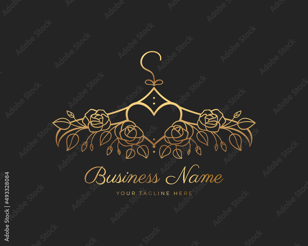 Hanger logo design with golden roses and a heart in the middle. Element for Atelier, wedding ...