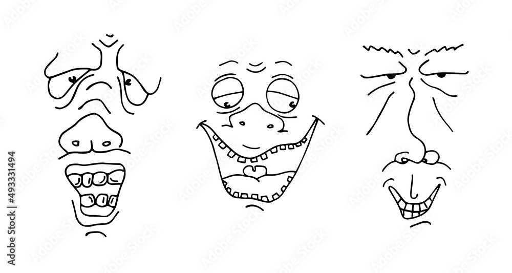 Ugly man face drawing sketch set. Hand drawn outline doodle cartoon ...