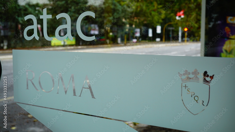 Rome, Italy: October 28, 2018: Logo on glass of ATAC, a company for the ...