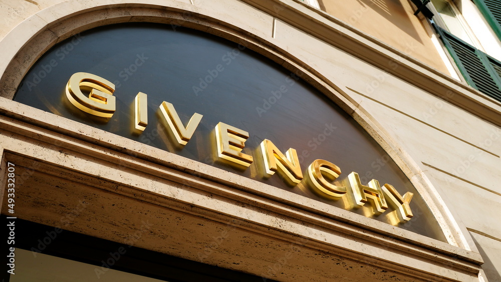 Rome, Italy - September 15, 2019: Golden GIVENCHY sign of their store ...