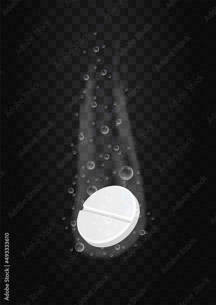 Round Tablet with bubbles concept. Effervescent tablet falling into ...