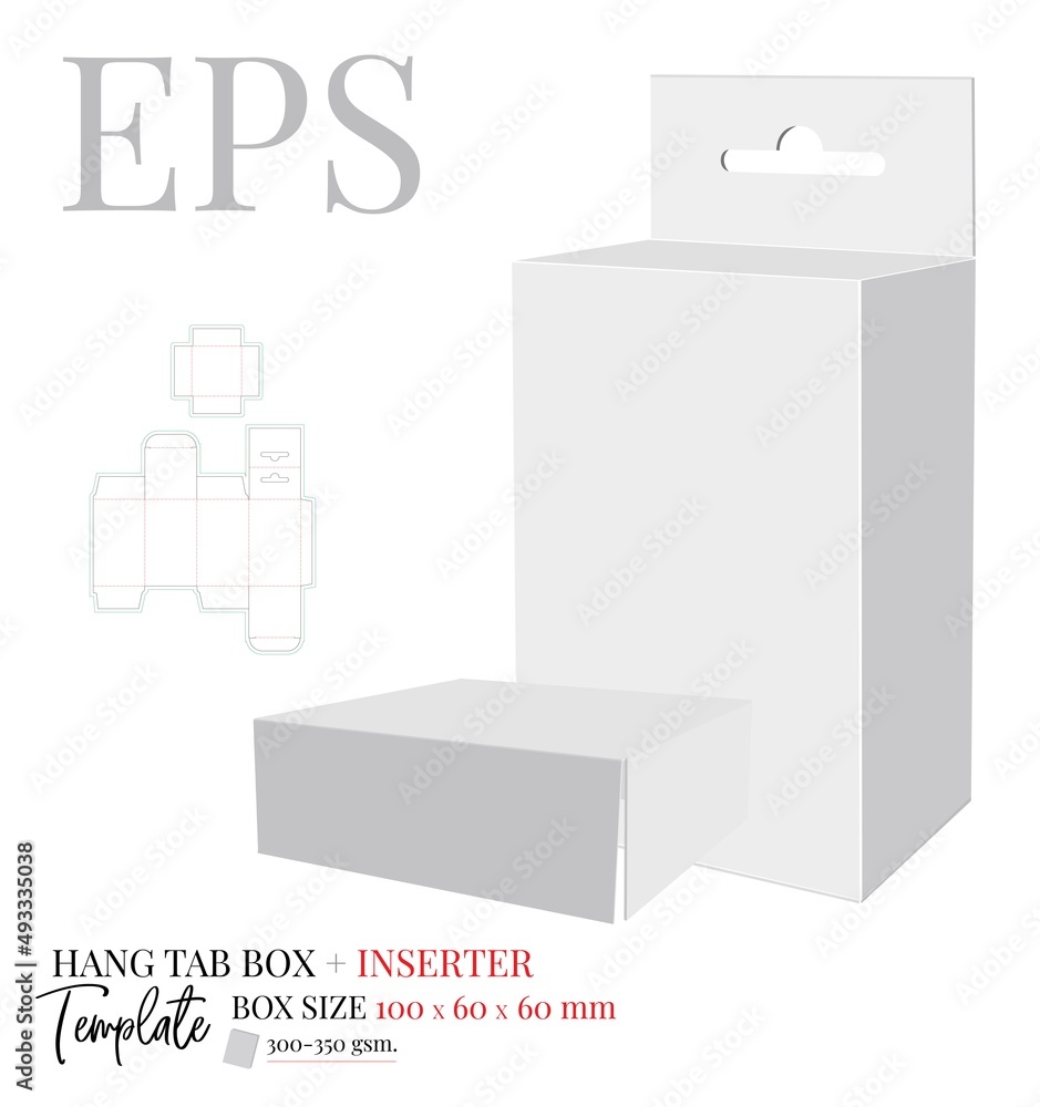 Hang tab box die cut template with inserter, vector. White, clear ...
