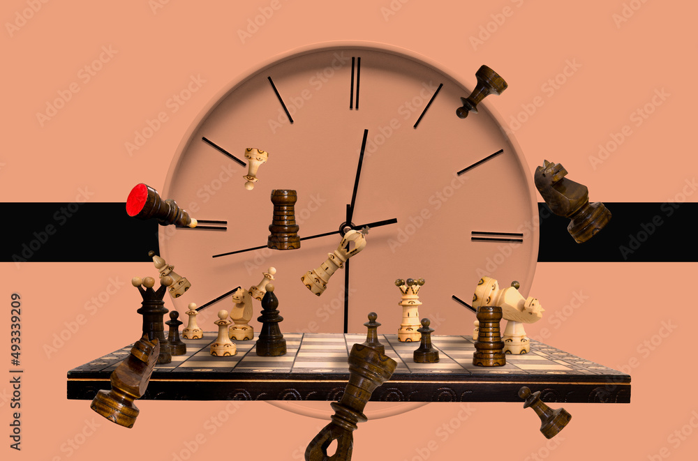 Chess Pieces And Chess Board On Clock Background Stock Photo | Adobe Stock