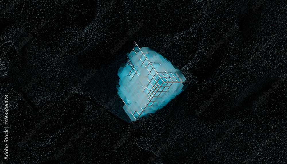 Blue Tech cube surrounded by electromagnetic particles Stock Photo ...