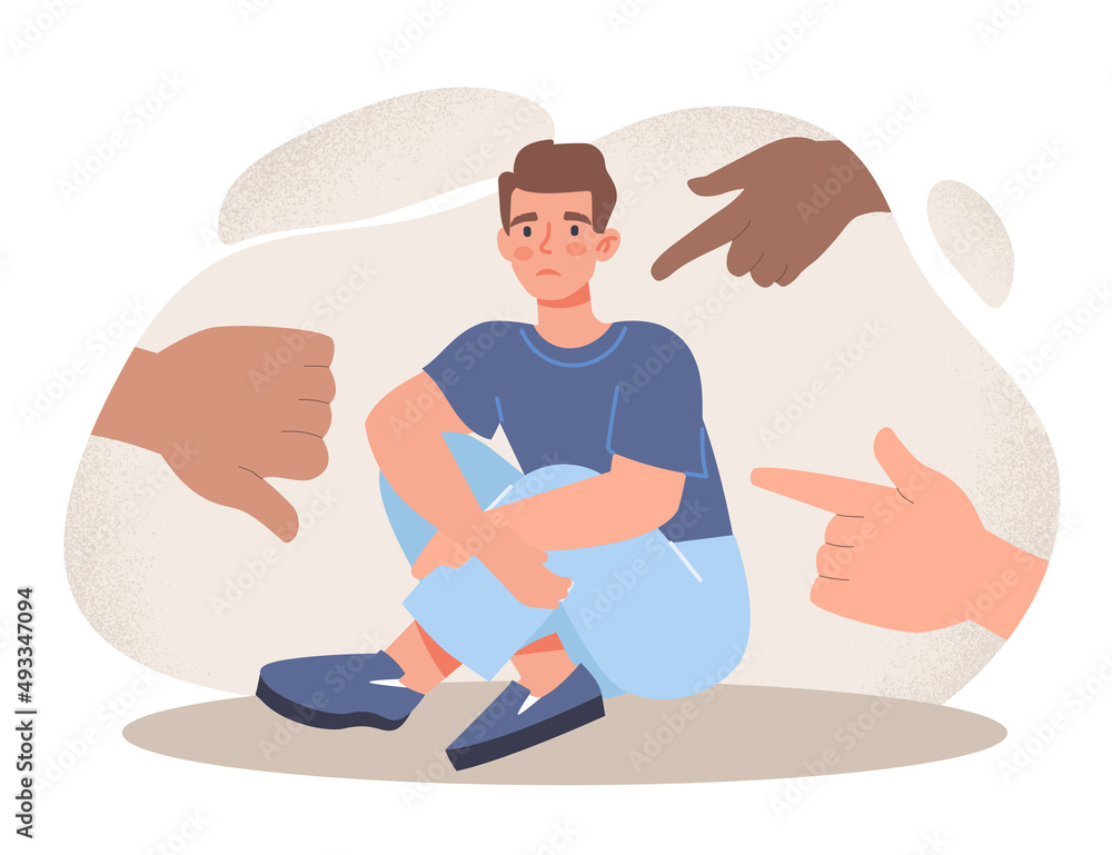 Public censure and victim blaming concept. Young crying depressed man ...