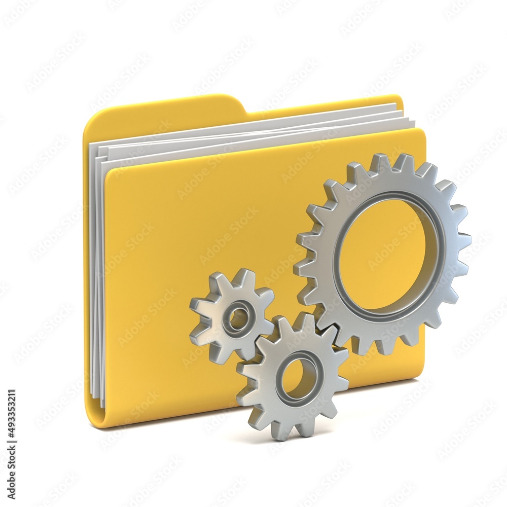Yellow folder icon with steel gear wheels 3D Stock Illustration | Adobe ...