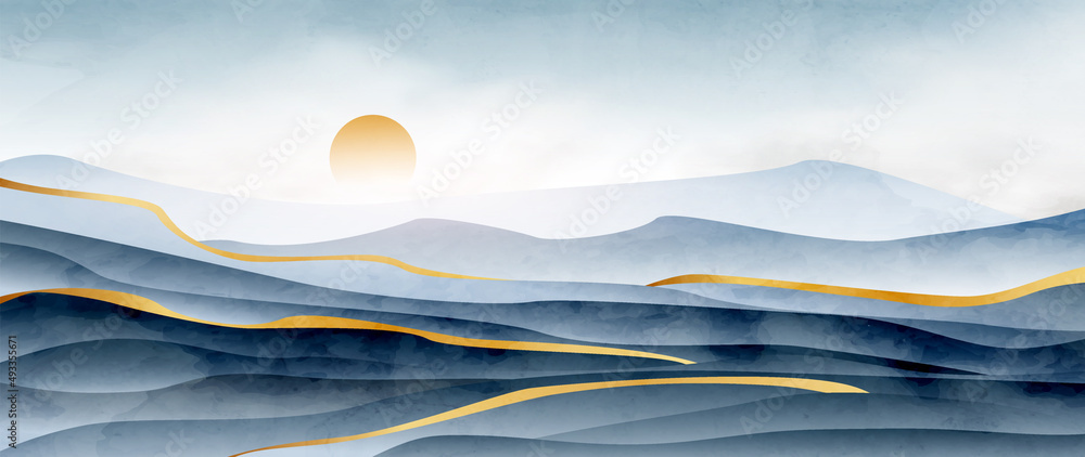 Abstract landscape art background with ocean or river and golden ...