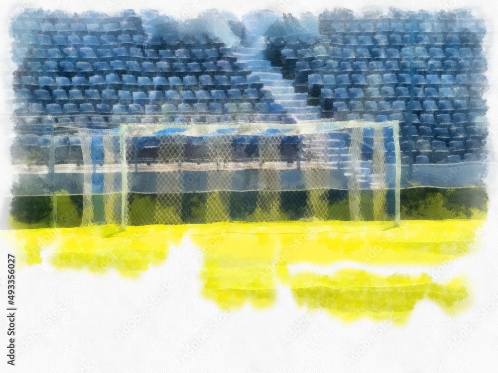 stadium football field watercolor style illustration impressionist ...