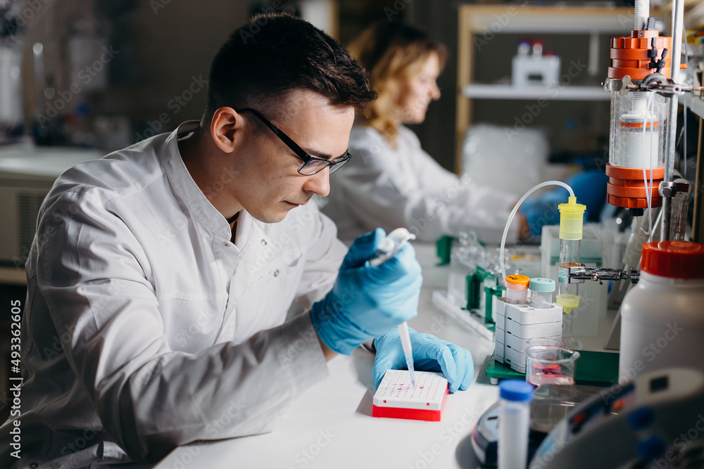 Scientist examining molecular samples in lab Stock Photo | Adobe Stock