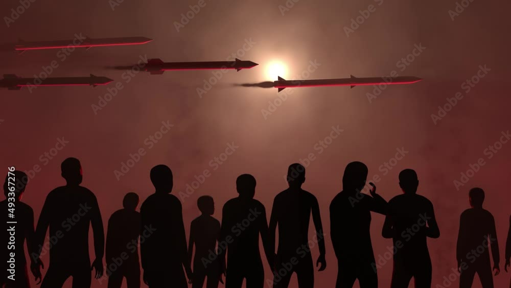 Crowd of people watching missiles fly in sky. Air attack . War theme ...