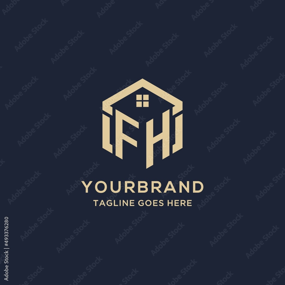 Initials FH logo with abstract home roof hexagon shape, simple and ...