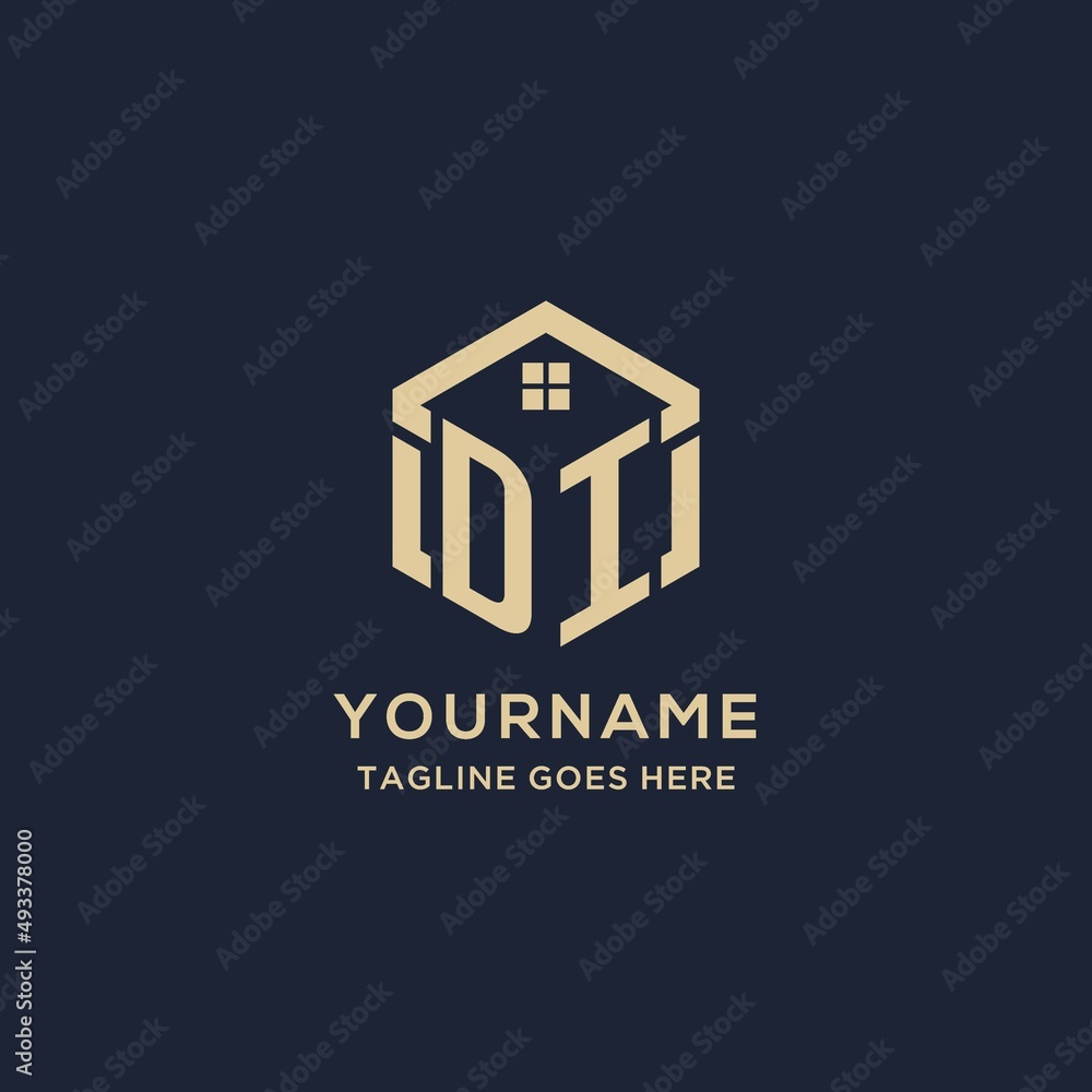 Initials DI logo with abstract home roof hexagon shape, simple and modern real estate logo ...