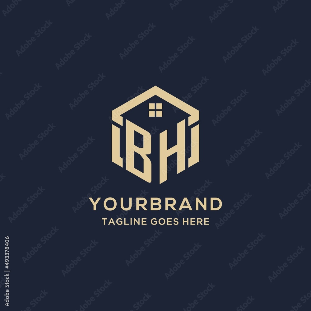 Initials BH logo with abstract home roof hexagon shape, simple and ...