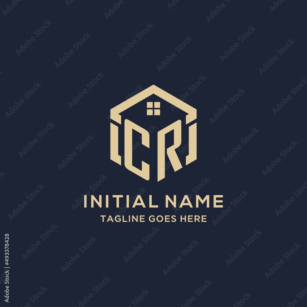 Initials CR logo with abstract home roof hexagon shape, simple and ...