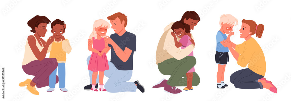 Parenthood care and childhood problems, kid supporting moment and ...