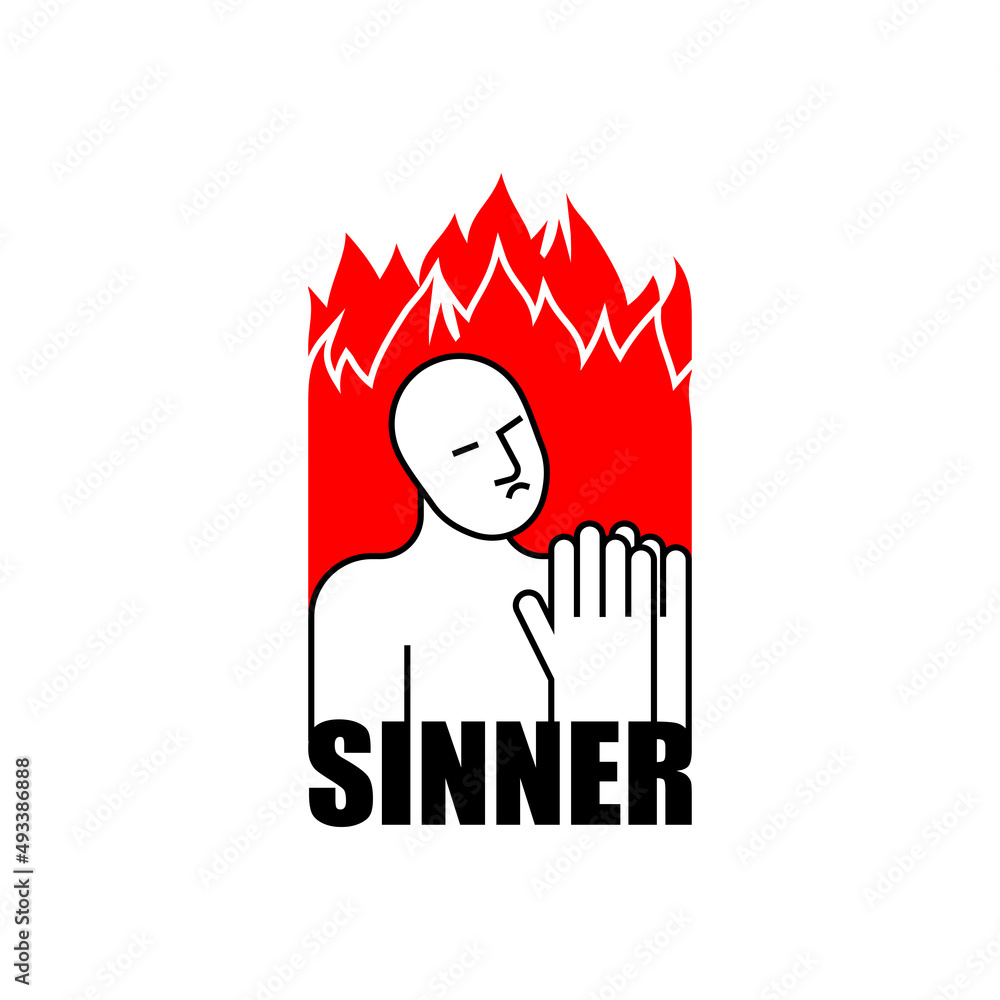 Sinner icon. Sinner in fire to repent. Man prays in fiery hyena. Man in ...