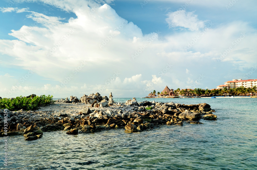 Mexico, Caribbean sea, view resort Mayan riviera. Beach, coral reefs ...