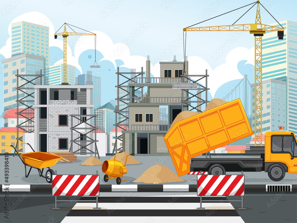Cartoon scene of building construction site Stock Vector | Adobe Stock