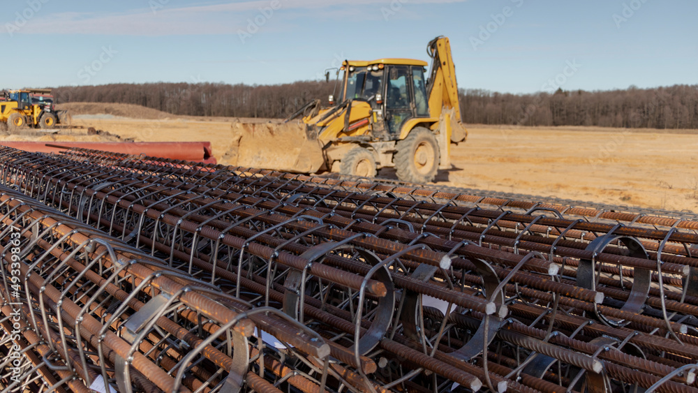 Reinforcing cages for bored piles stacked at the construction site ...
