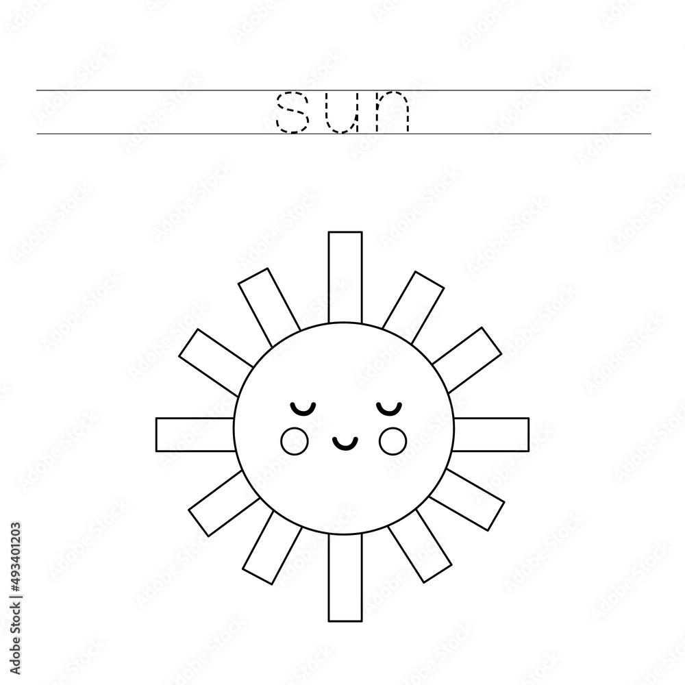 Trace the letters and color cute kawaii sun. Handwriting practice for ...