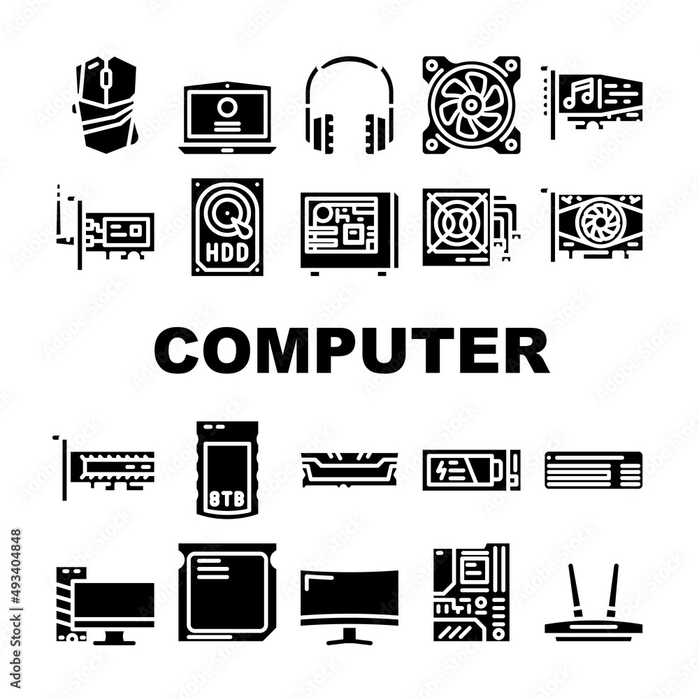 Computer Accessories And Parts Icons Set Vector. Computer Mouse And ...