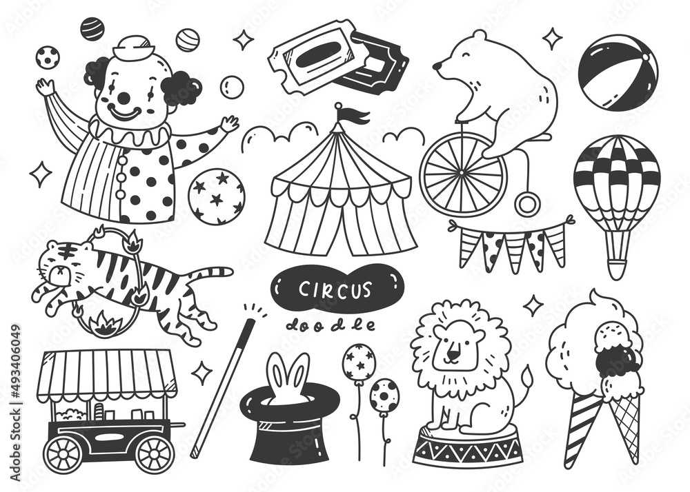 Hand Drawn Cartoon Circus Show Doodle With Circus tent, Animals and ...
