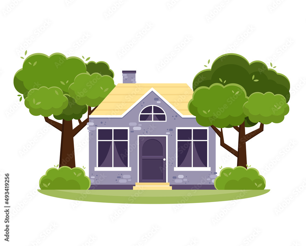 Cute small house with green trees. Flat style vector illustration ...