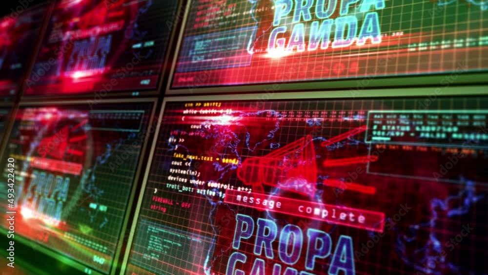 Propaganda message on moving computer screens loop. Fake news ...