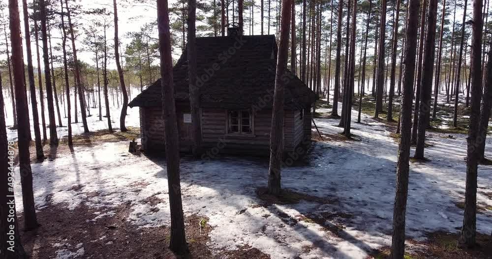 Old wooden log house in cold forest. Flying through trees looking at ...