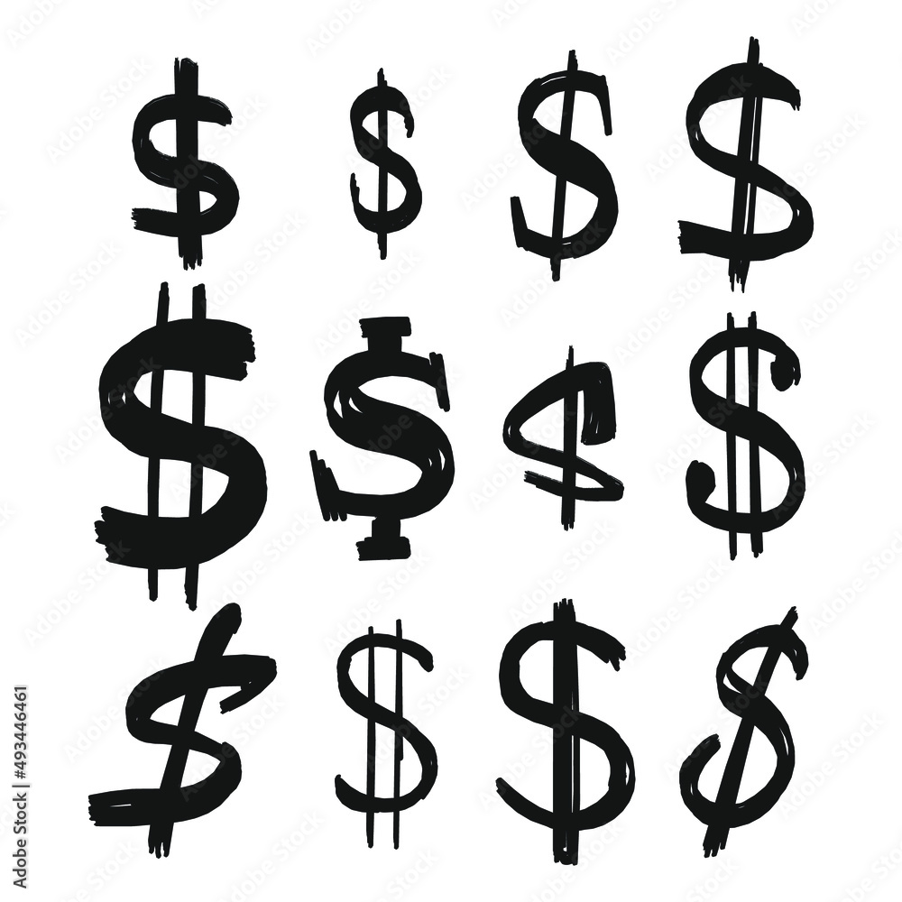 Dollar sign set. Hand-drawn vector illustration on white background ...