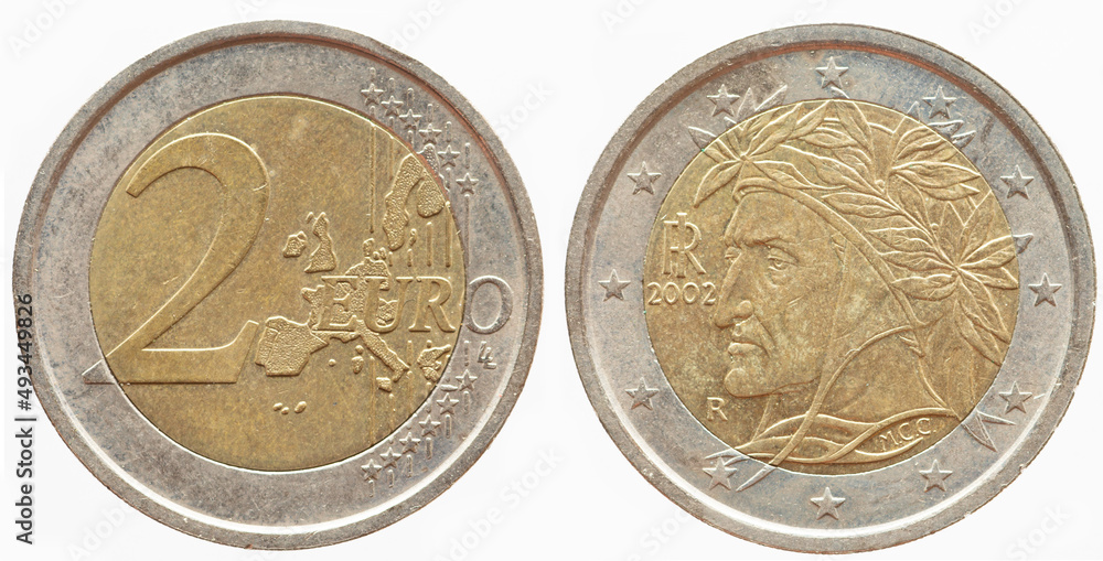 Italy - circa 2005: a 2 Euro coin of Italy with a map of Europe and a ...