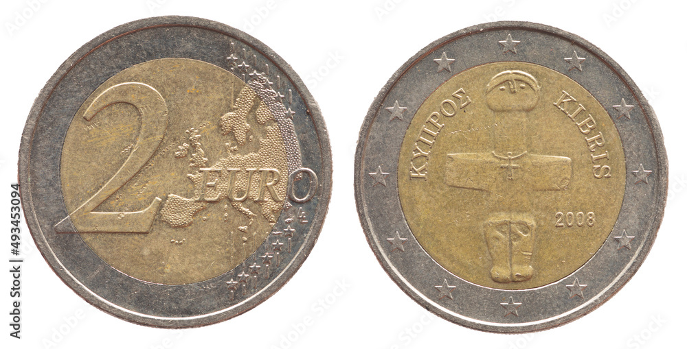 Cyprus - circa 2008 : a 2 Euro coin of Cyprus with a map of Europe and ...