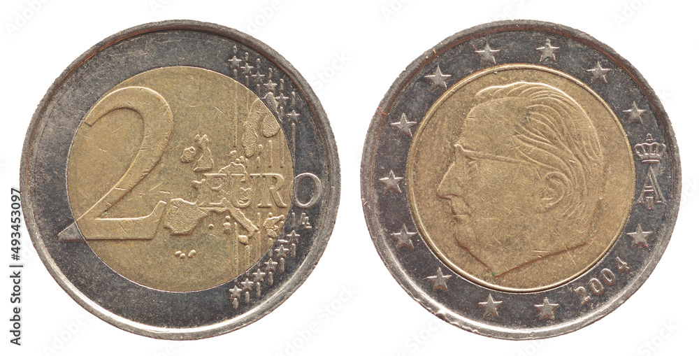 Belgium - circa 2004 : a 2 Euro coin of Belgium with a map of Europe ...