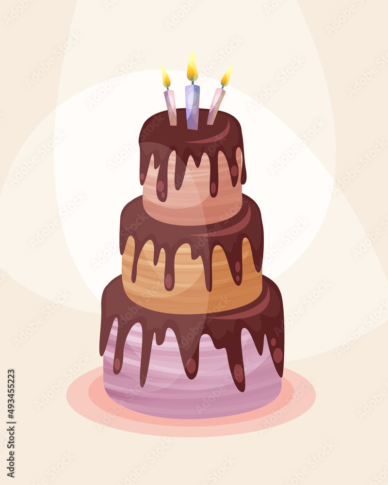 Chocolate cake in three tiers. Delicious dessert. Vector illustration ...