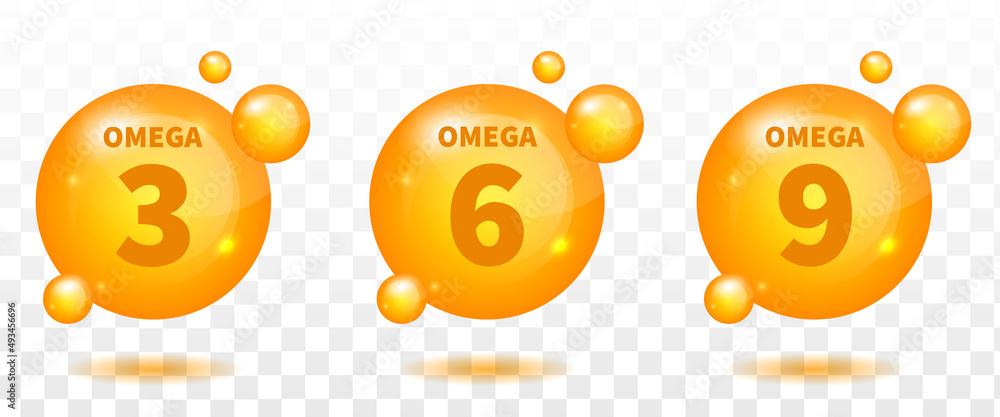 Set of gold drops icons Omega Three, Six And Nine. Polyunsaturated ...