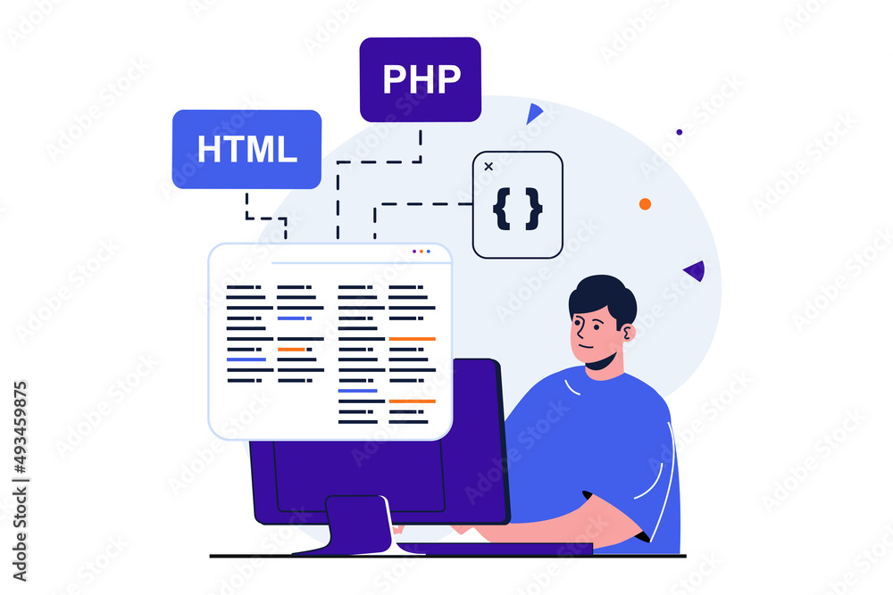 Programmer working modern flat concept for web banner design. Man ...