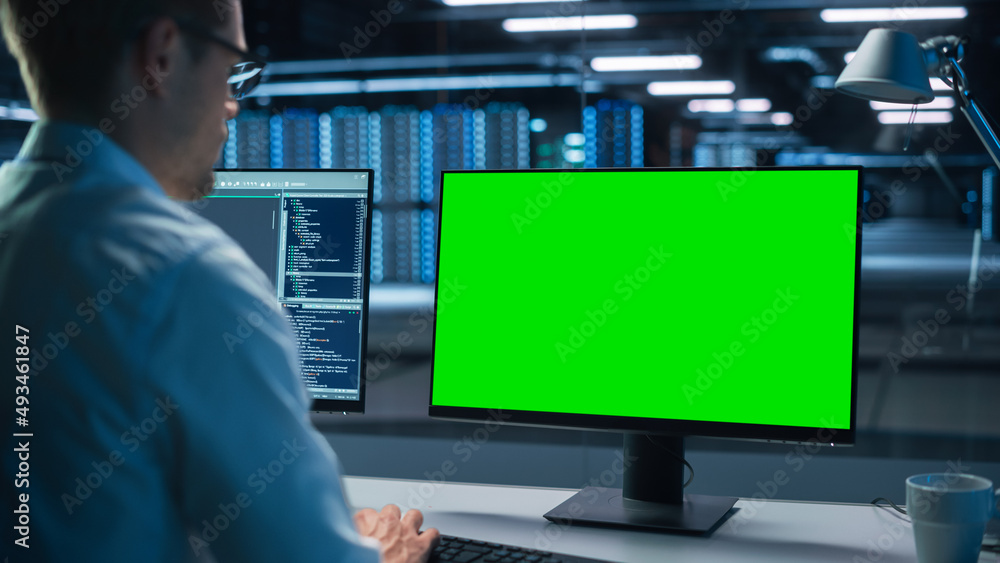 Confident male Data Scientist Works on Personal Computer with Green ...