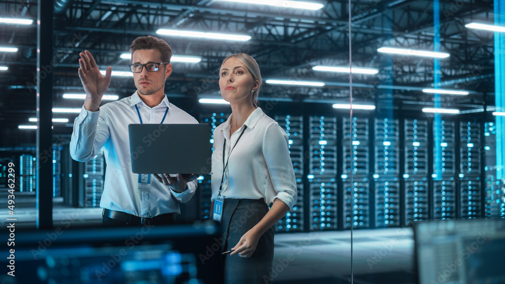 In Technology Research Facility: Female Project Manager Talks With ...