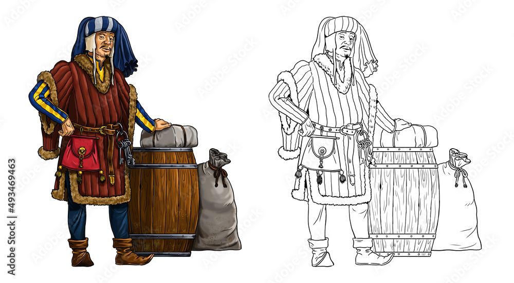 Profession - merchant. Illustration with medieval merchant with goods ...