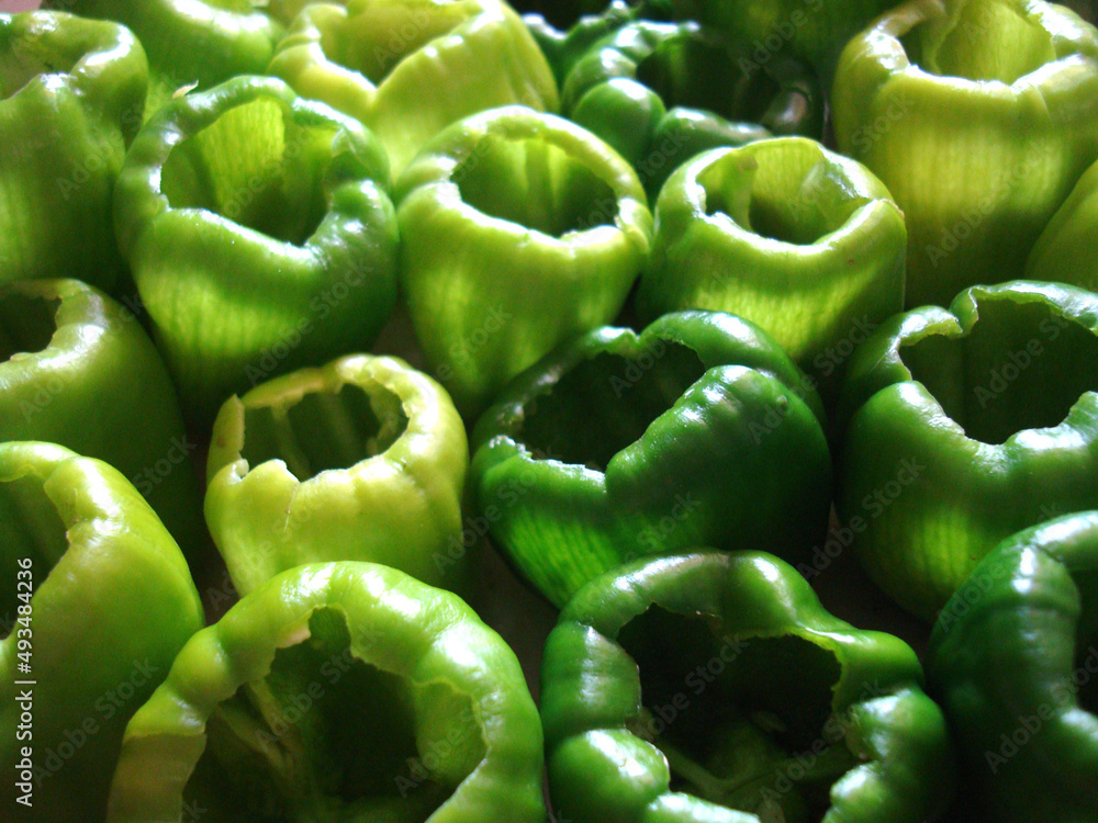 Deseeded green bell peppers ready to cook biber dolma (stuffed bell ...