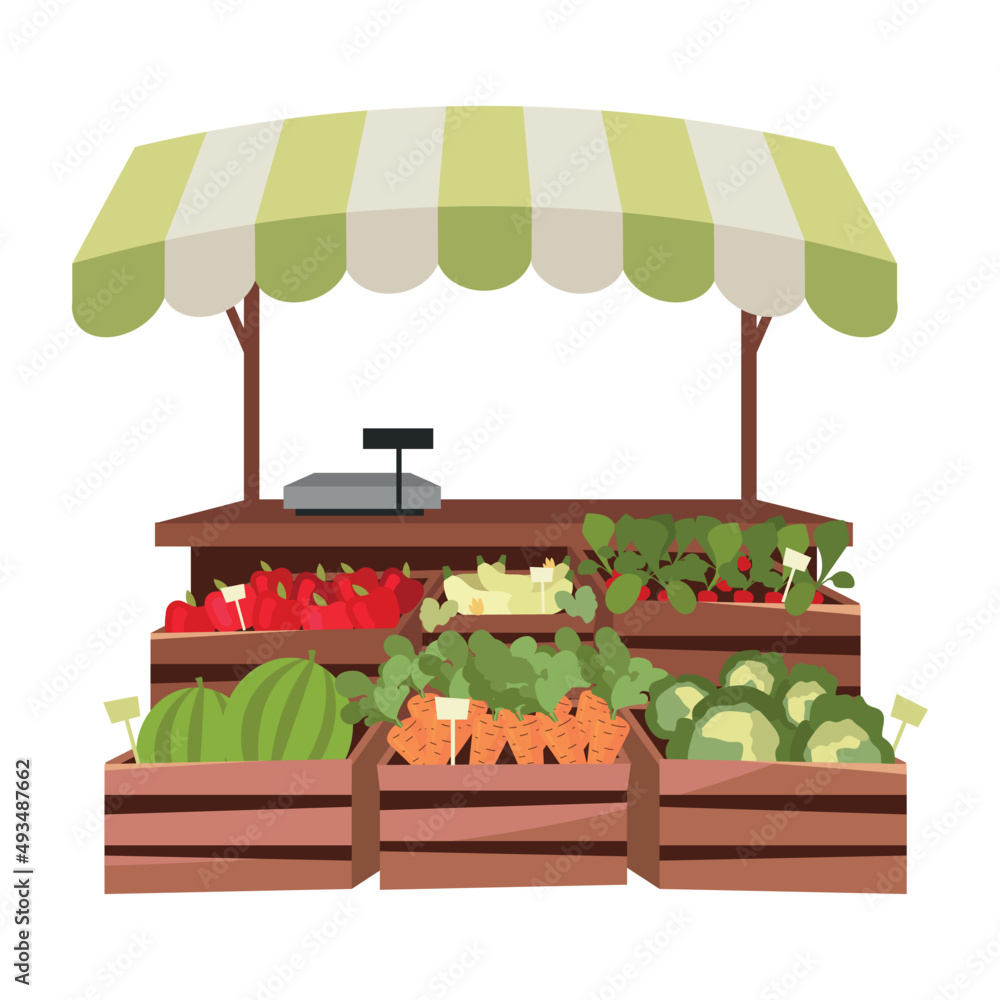 Vegetable stand semi flat color vector object. Full sized item on white ...