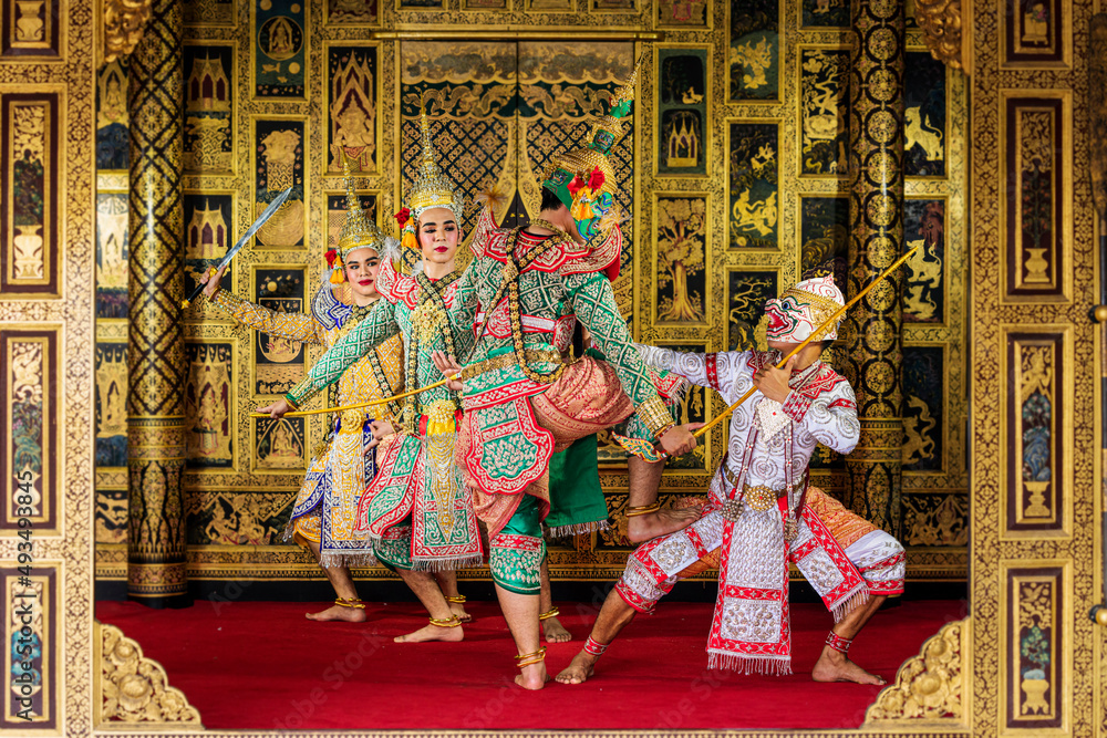 Masked giant dancing khon ramayana khon Ravana and Hanuman. Traditional ...