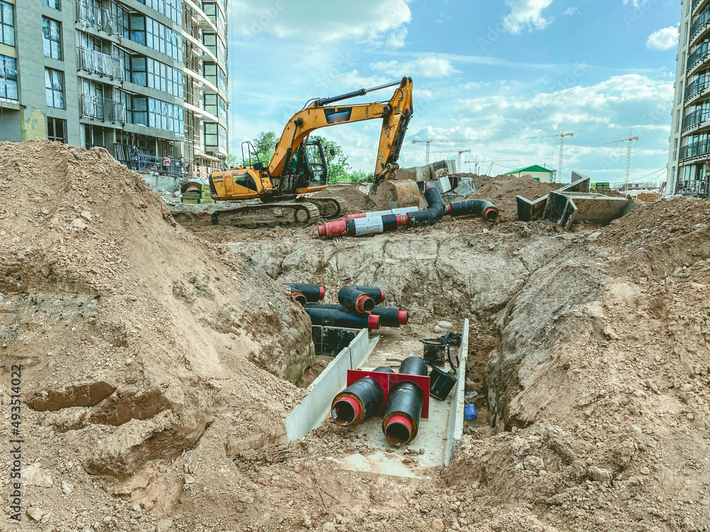 construction of a new area of the city. construction ditch, laying of ...