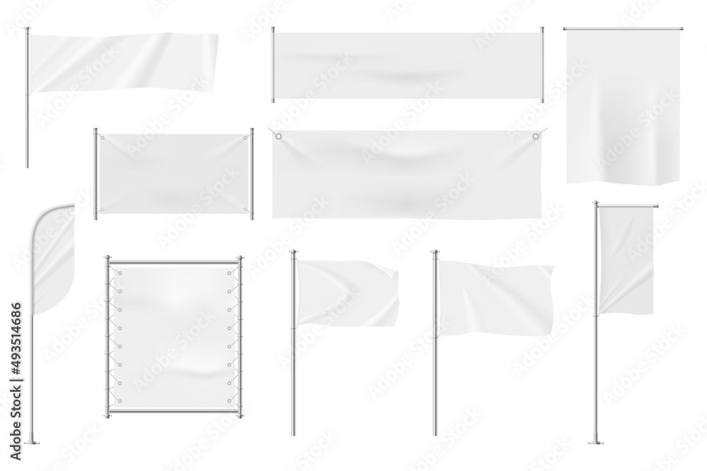 Realistic white textile banners, blank waving flags on flagpoles ...