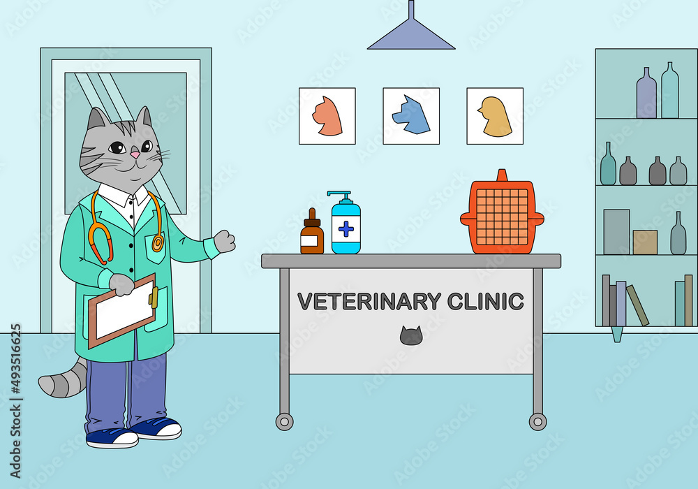 Veterinary clinic vector illustration - cartoon doctor cat invites ...