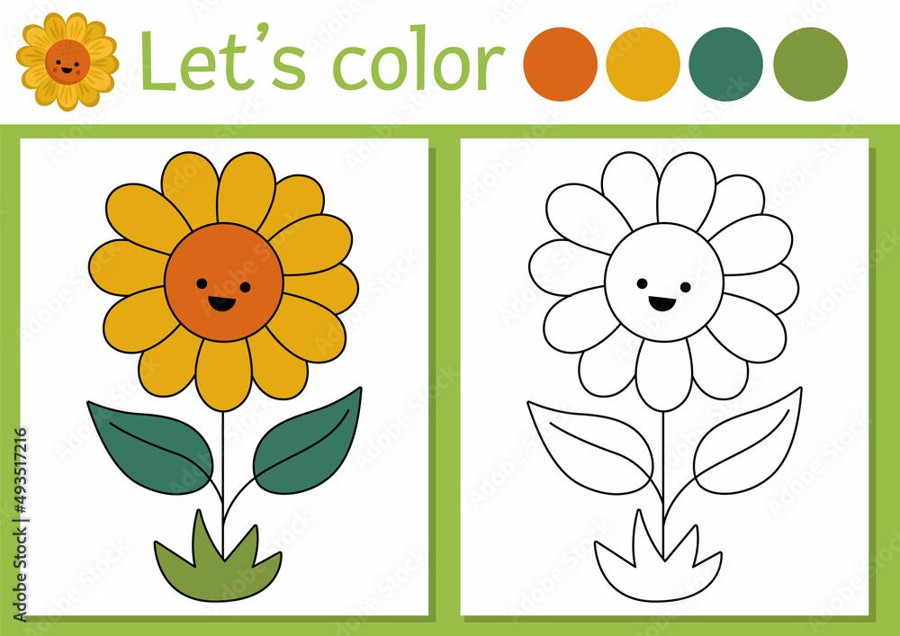 On the farm coloring page for children with sunflower. Vector rural ...